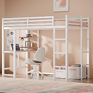 Twin Size Loft Bed with Desk and Shelves, Metal Loft Bed Frame with Metal Grid & Safety Guardrails & 2 Ladders, Space Saving Loft Beds for Kids, Teens, Adults, No Noise, No Box Spring Needed, White