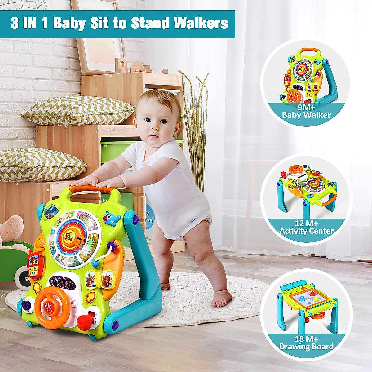 BABY JOY Sit-to-Stand Walker, 3 in 1 Baby Walker, Drawing Board, Entertainment Table, Kids Activity Center w/Lights, Music, Phone, Steering Wheel, Educational Push Toy for Toddlers (Blue)