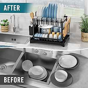 TAILI Dish Drying Rack for Kitchen Counter with Drainboard, Large 2 Tier Dish Rack and Drainboard Set with Cutlery Holder, Cup Holder & Utensil Holder, Rustproof Sink Dish Drying Rack