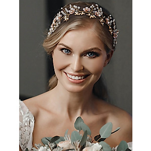 SWEETV Rose Gold Wedding Headband for Bride, Floral Bridal Headband Rhinestone Headpiece Wedding Hair Accessories