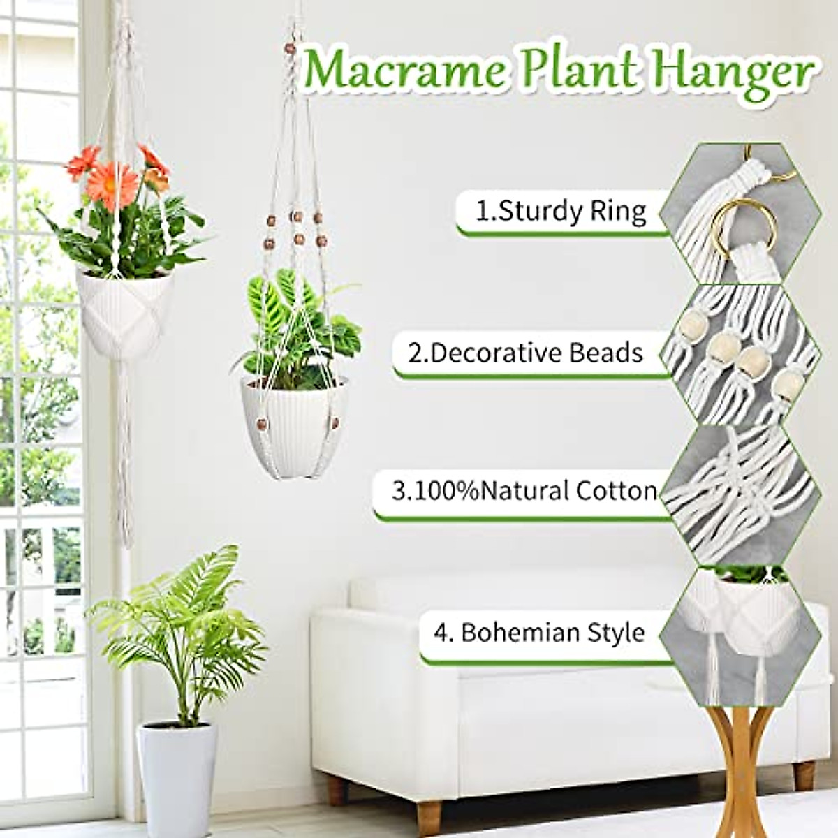 Macrame Plant Hangers - 6 Pack Indoor Hanging Plant Holder - Different Tiers Handmade Macromay Cotton Rope Hanging Planters Set, for Indoor Outdoor Boho & Home Decor