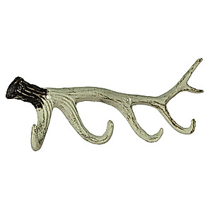 Zeckos Painted Brown and White Cast Iron Deer Antler Wall Mounted Hook Rack Coat Towel Key Hat Hanger - Easy Install - Lodge, Cabin Or Western Décor 16 Inches Long