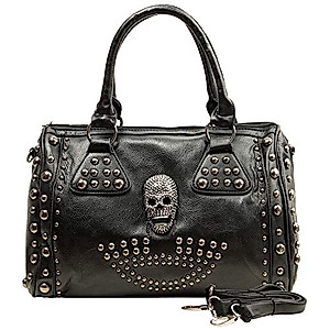 MG Collection HOWEA Black Vegan Leather Purse, Top Handle Halloween Purse with Metal Skull and Stud Ornament and Removable Shoulder Straps, Doctor Style Gothic Handbag