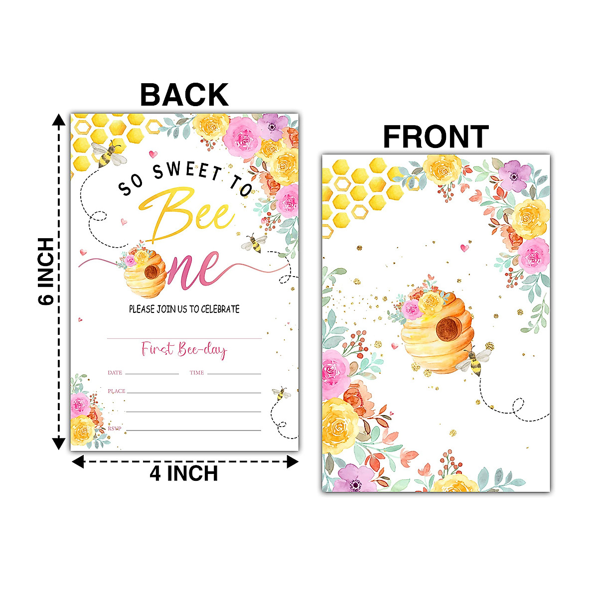 Buildinest Honey Bee 1st Birthday Party Invitations with Envelopes (20-Pack), 4"x6" So Sweet To Bee One Birthday Invitation Cards, First Bee-Day Party Invites-B10