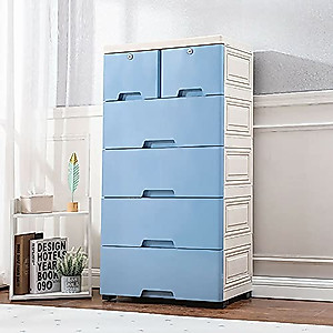 LOYALHEARTDY Bedroom Furniture Cabinet Plastic 6 Drawers with Lock Storage Cabinet with Wheel Small Chest Closet Organizer for Clothes Playroom Hallway Toys (Blue)