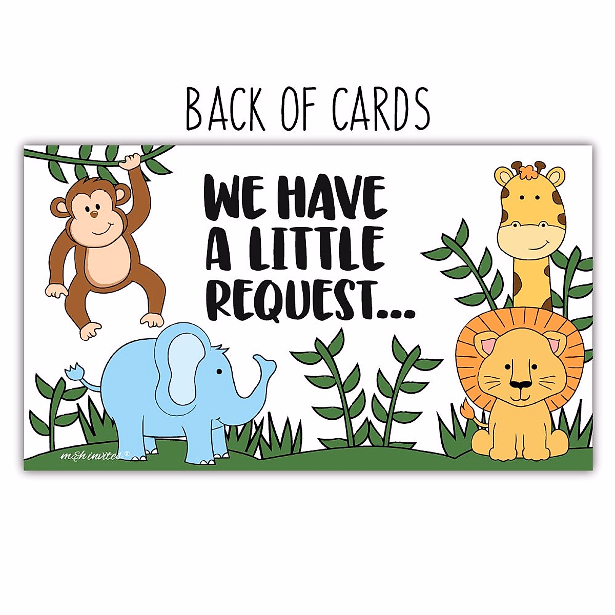 50 Safari Jungle Animals Books for Baby Shower Request Cards - Invitation Inserts - Gender Neutral
