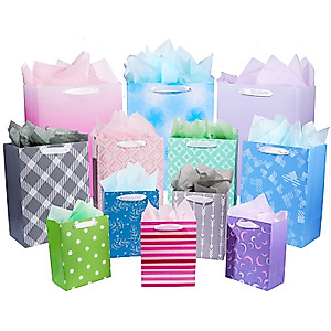 12 Pack Gift Bags Assorted Sizes and Designs, Gift Bags Bulk with Tissue Paper (5 Medium 8", 4 Large 11", 3 Extra Large 14") for Birthday, Baby Showers, Bridal Showers, Easter Day Any Occasion