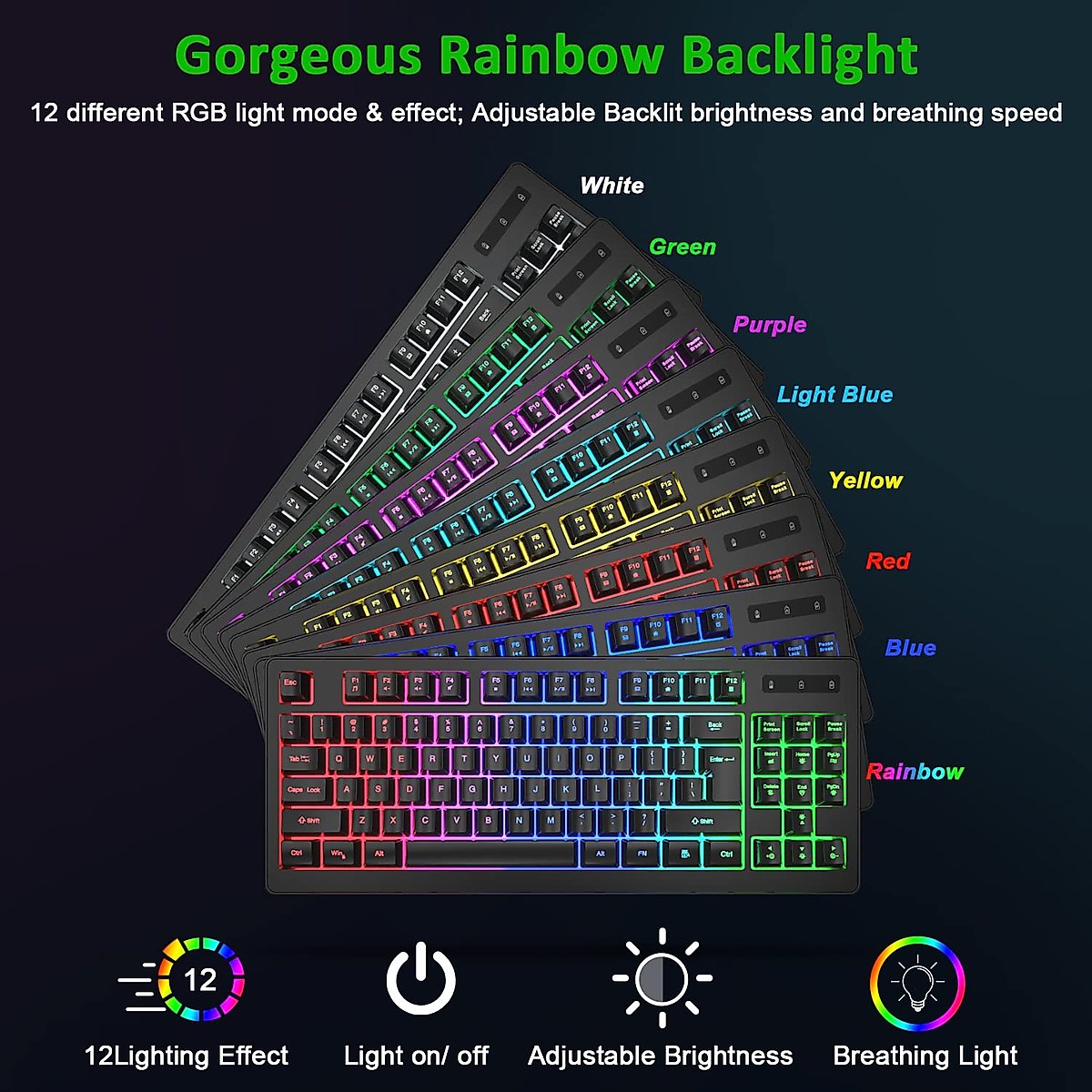 BlueFinger Wireless Gaming Keyboard, Rechargeable RGB Rainbow Backlit Gaming Keyboard, Compact 87 Keys Wireless Keyboard for Mac Laptop Computer PC Gamer