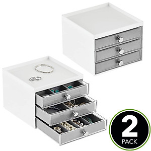 mDesign Plastic Small 3-Drawer Jewelry Organizer Box for Storage on Dresser, Vanity, Countertop - Holds Earrings, Bracelets, Necklaces, Bangles, Rings, 2 Pack - White/Gray