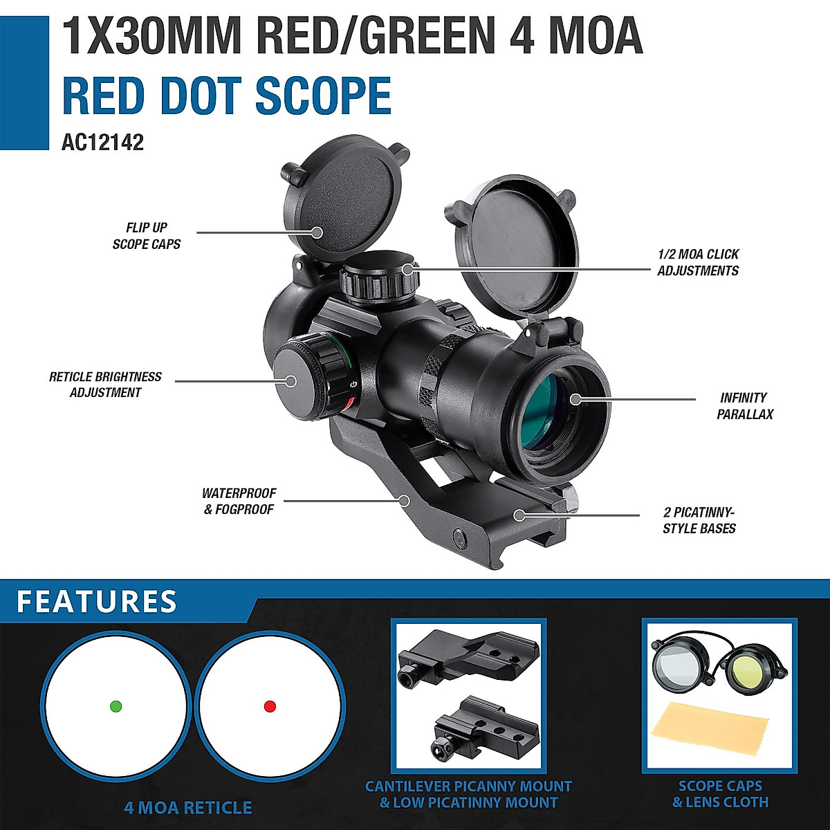 Barska AC12142 1x30 Red Dot Short, Black, 1x30mm