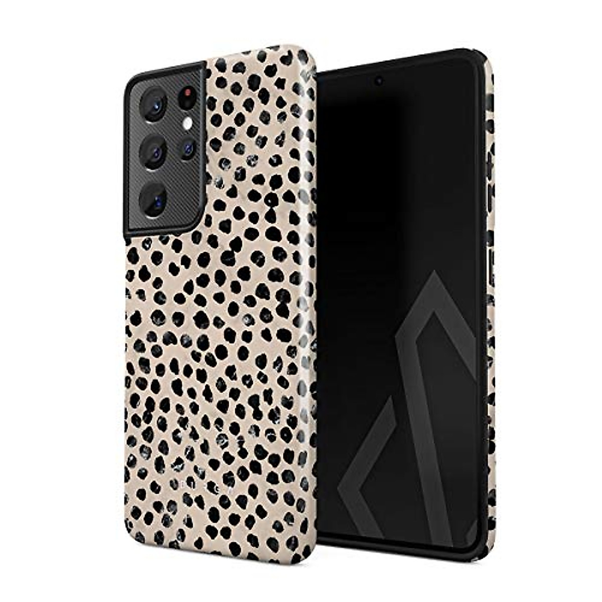 BURGA Phone Case Compatible with Samsung Galaxy S21 Ultra - Hybrid 2-Layer Hard Shell + Silicone Protective Case -Black Polka Dots Pattern Nude Almond Latte - Scratch-Resistant Shockproof Cover