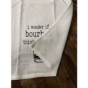 I Wonder If Bourbon Thinks About Me Tea Towel | Dish Towels with Funny Bourbon Whiskey Sayings are Perfect for Home, Bar, or Kitchen | Funny Gift for Old Fashioned Cocktail Lovers