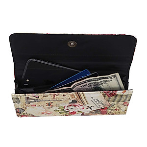 Vegan Leather Women's 9 inch Wide Wallet with Vintage Postcard Print-Orange