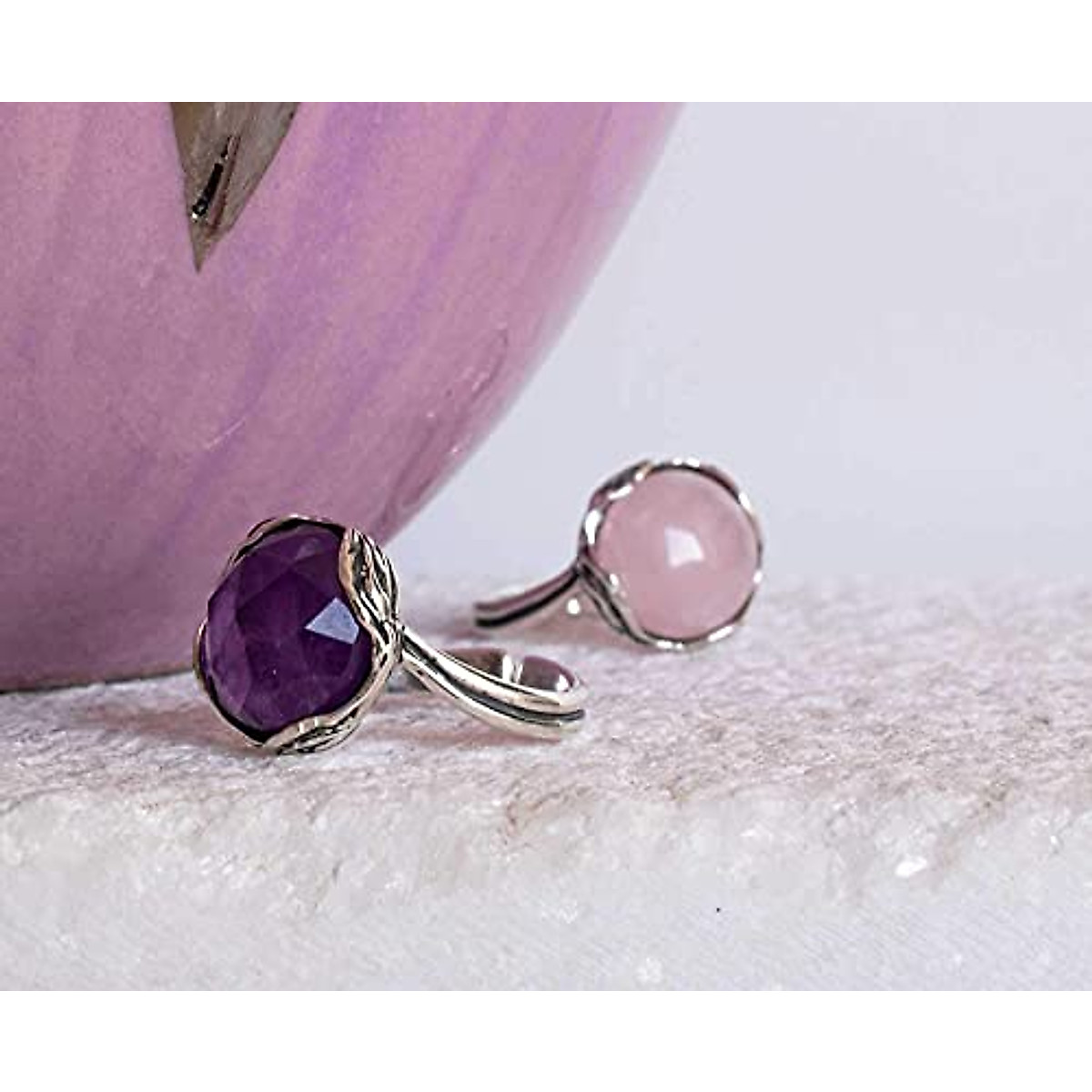 925 Sterling Silver Natural Amethyst Ring - Vintage Style Aquarius February Birthstone, Genuine Purple Gemstone Adjustable Ring - Handmade Jewelry For Her - Elegant Sizable Boho Ring - Gift For Women