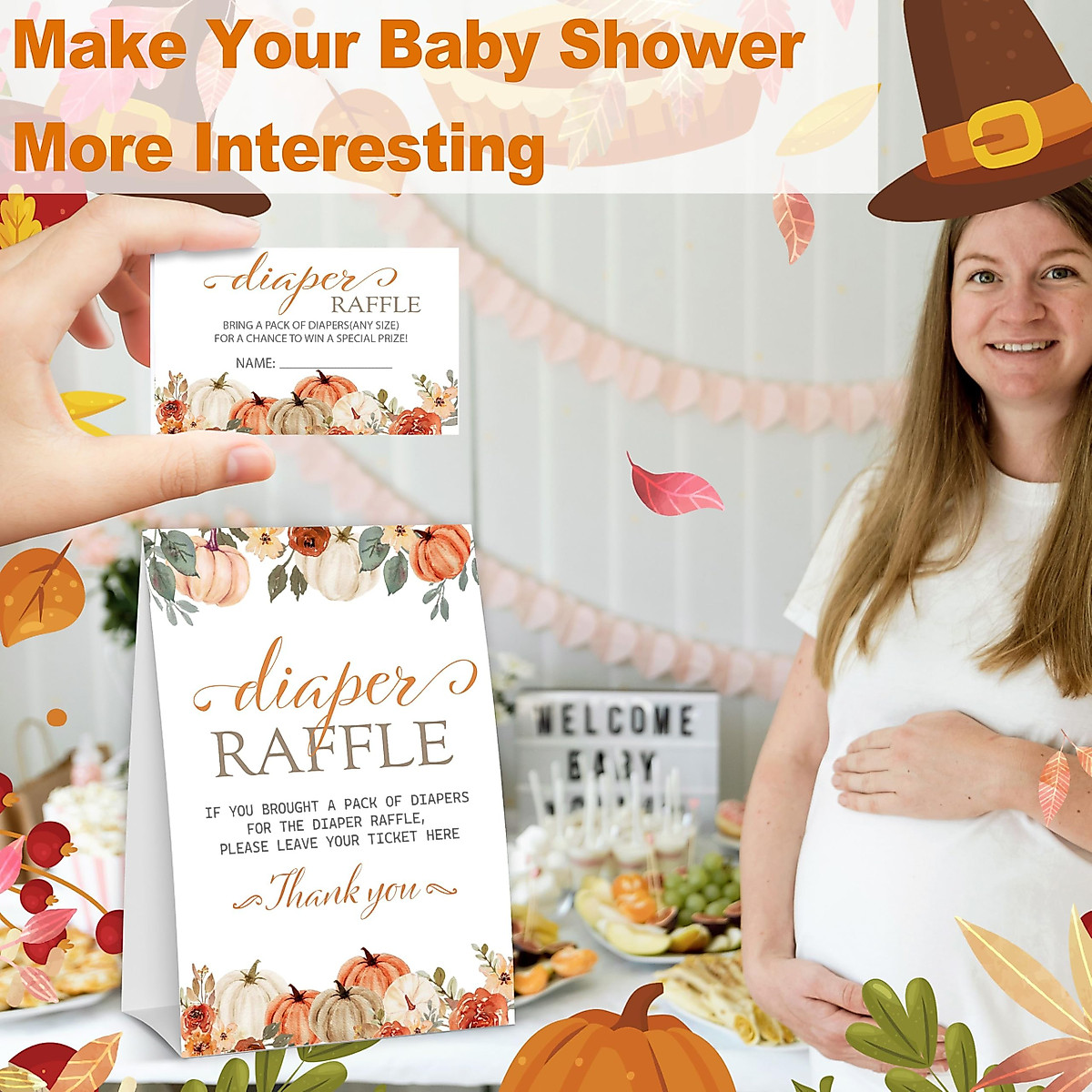 Thanksgiving Diaper Raffle Tickets, Fall Pumpkin Baby Shower Raffle Tickets for Gender Reveal Party Games, Autumn Baby Shower Decorations, 1 Sign & 50 Guess Cards-A04