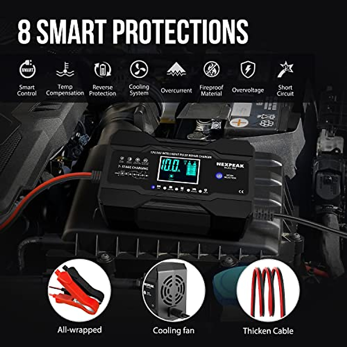10-Amp Car Battery Charger, 12V and 24V Smart Fully Automatic Battery Charger Maintainer Trickle Charger w/Temperature Compensation for Car Truck Motorcycle Lawn Mower Boat Marine Lead Acid Batteries