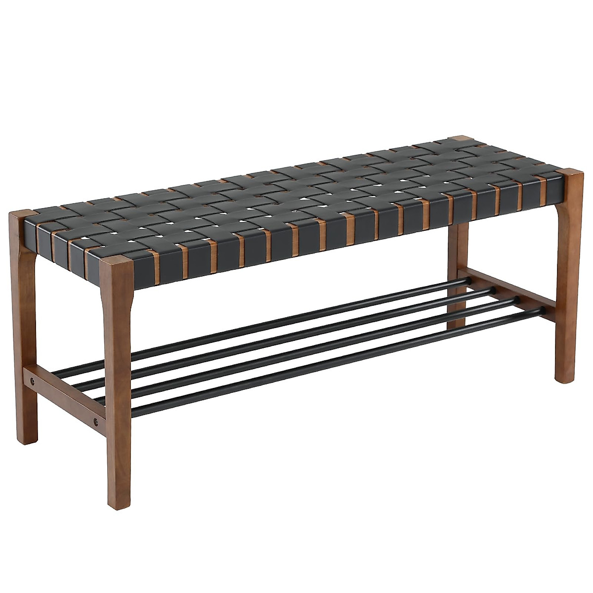 Kmax Storage Entryway Bench Woven Straps Shoe Rack Bench for Hallway Entrance Bedroom Corner, Black