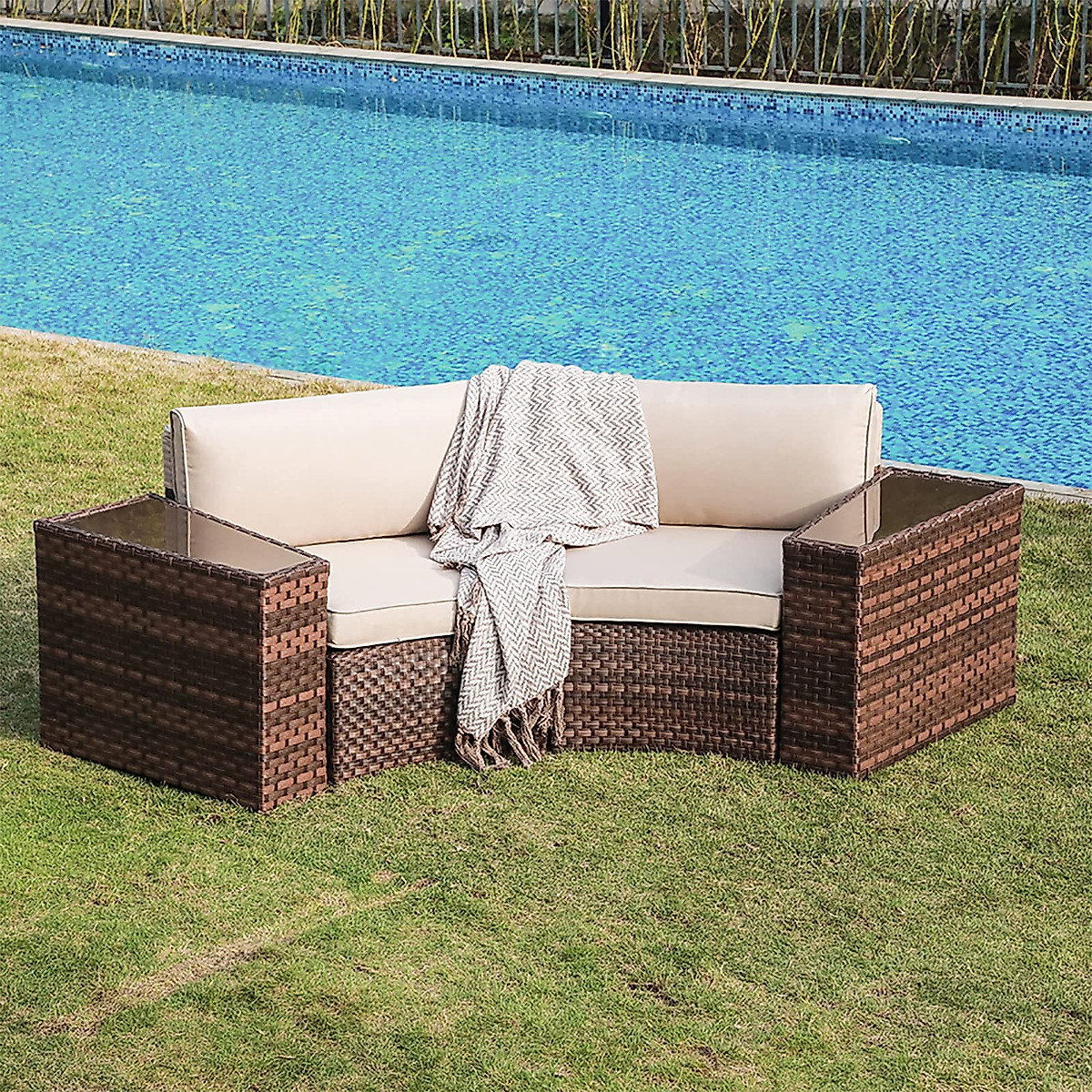 SUNSITT Outdoor Patio Furniture 4-Piece Half-Moon Curved Sofa Set PE Rattan Wicker sectional Set with 2 Side Tables