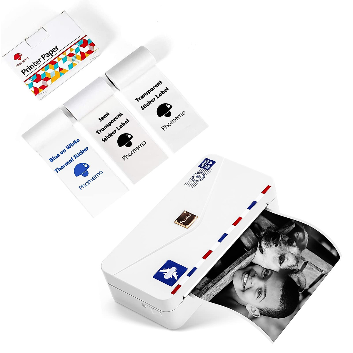 Memoqueen M04AS Mini Sticker Printer Thermal Wireless Portable Printer for iPhone with 3 Rolls Transparent/Blue on White Sticker/Semi-Transparent Paper, Compatible with iOS & Android