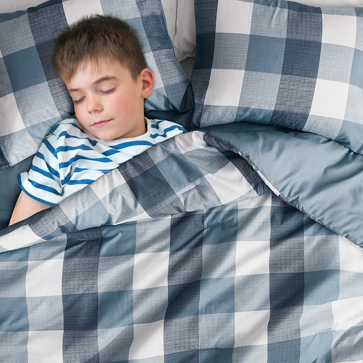 Hyde Lane Plaid Twin Comforter Set for Teen, Farmhouse Comforter Twin Size Bed, Blue and White Comforter, Grid Buffalo Lightweight 3 Pieces Bed Sets Includes 1 Comforter, 1 Shams (66 x 90 Inch)