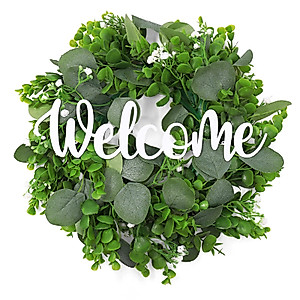 Artificial Eucalyptus Wreath with Welcome Metal Sign for Front Door 13" Faux Green Leaf Hanging Decor Farmhouse Porch Patio Garden Wedding Party Celebration Wall Home Table St Patricks Day Decoration