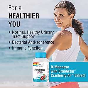 SOLARAY D-Mannose with CranActin Cranberry Supplement 400mg, Urinary Tract Health & Bladder Support Capsules with Vitamin C for Immune Function, Vegan, 60 Day Guarantee, 30 Servings, 60 VegCaps