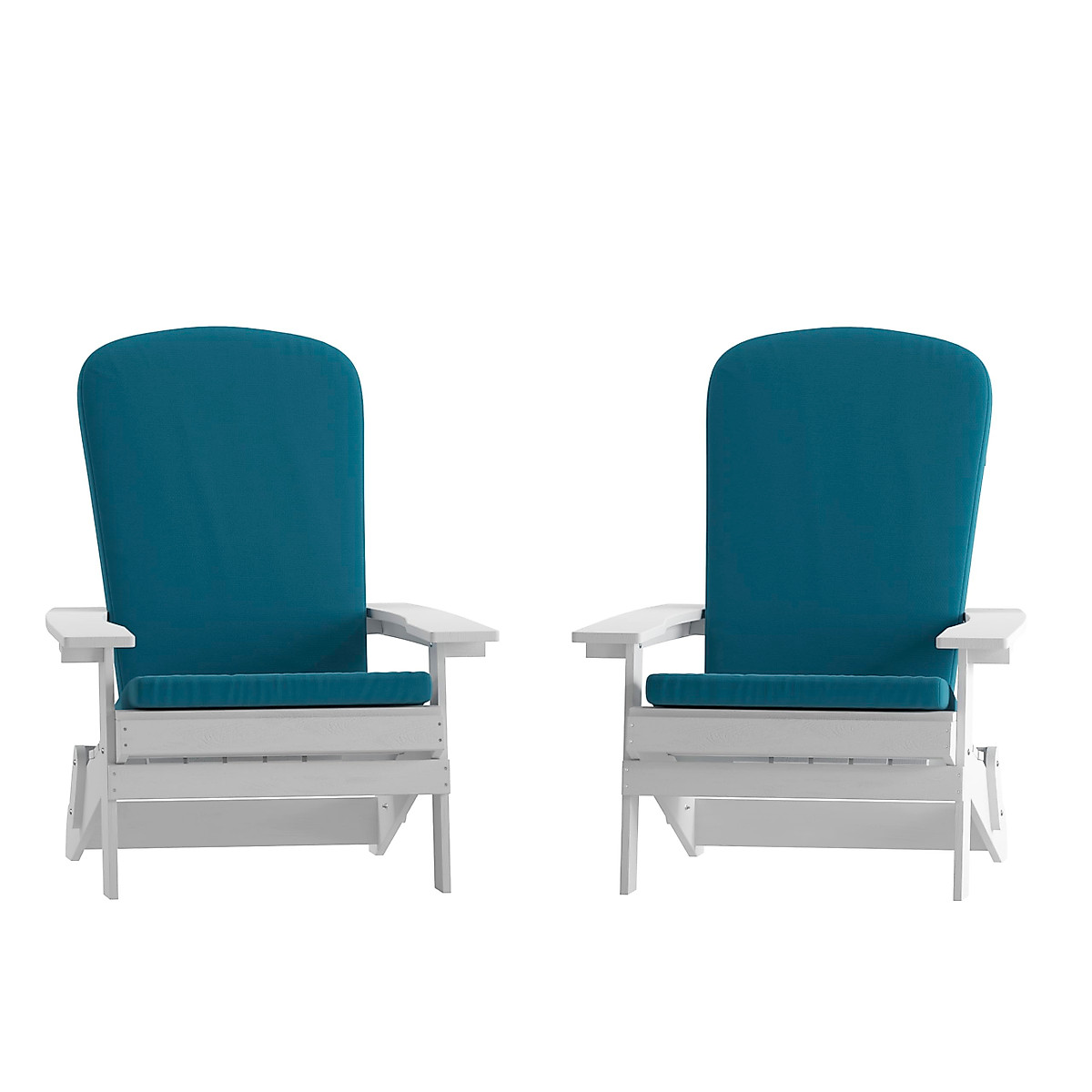 BizChair Set of 2 Folding Adirondack Chairs with Cushions - White Poly Resin Frame - Teal All-Weather Cushions - Indoor/Outdoor Use