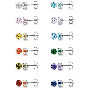 LOYALLOOK 12 Pairs Stainless Steel Brilliant Cut Round Cubic Zirconia Birthstone Stud Earrings for Women (C:3mm 12 pairs)