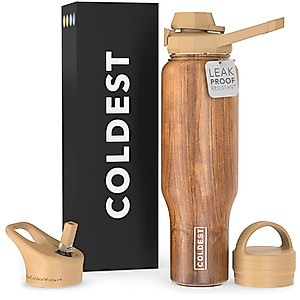COLDEST Sports Water Bottle - 3 Lids (Chug Lid, Straw Lid, Handle Lid) Tumbler with Handle on Lid Water Bottles Cup Vacuum Insulated Stainless Steel, Fits Cirkul Lid (46 oz, Executive Wood)