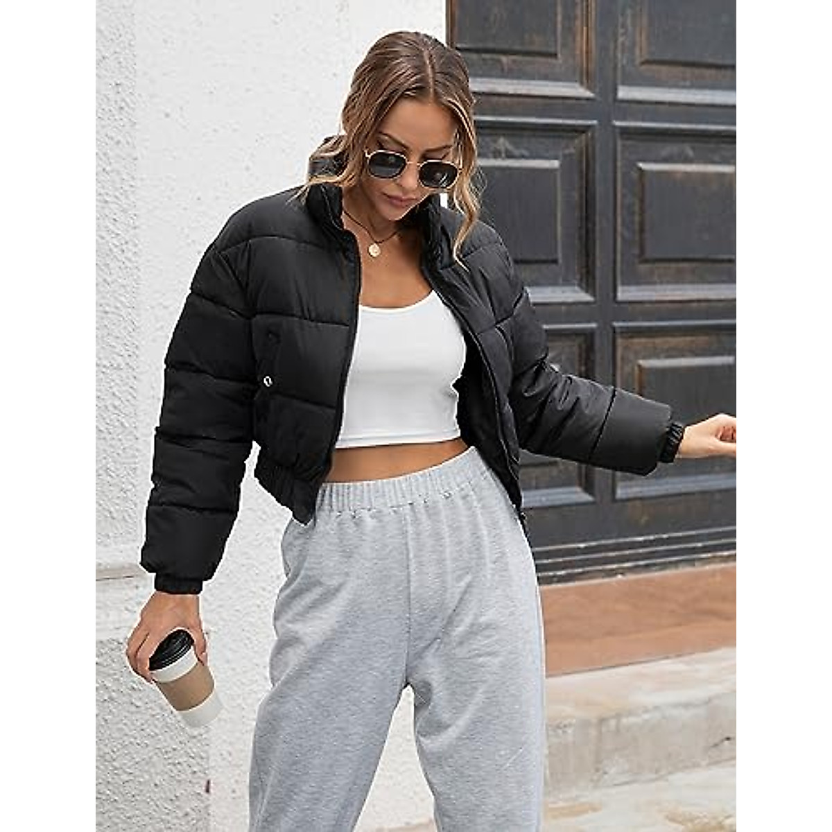 Gihuo Womens Cropped Quilted Puffer Jacket Lightweight Padded Coat Warm Puffy Coat Zip UP Bubble Coats with Pockets(Black-S)