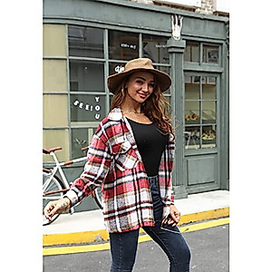 Women Classic Flannel Plaid Jacket Button Down Boyfriend Long Sleeve Lapel Shirts Casual Blouses Tops (Red, Small)