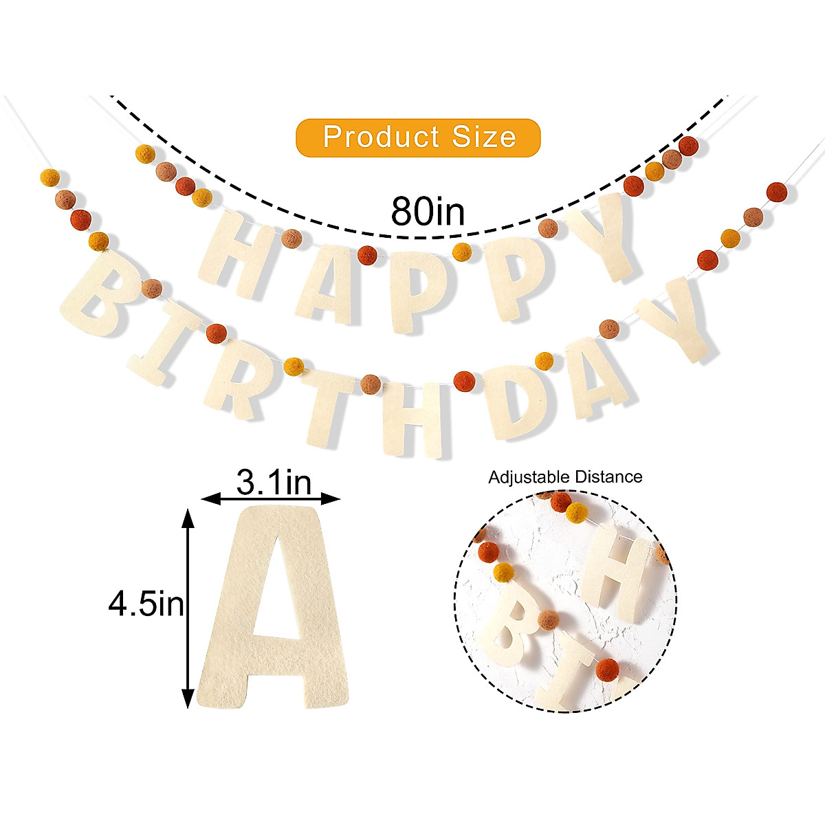 Boho Felt Happy Birthday Garland - Natural Handmade Wool Letters & Balls, Boho Birthday Decoration, Decorations for Children's Birthday Parties, Assembled Happy Birthday Banner