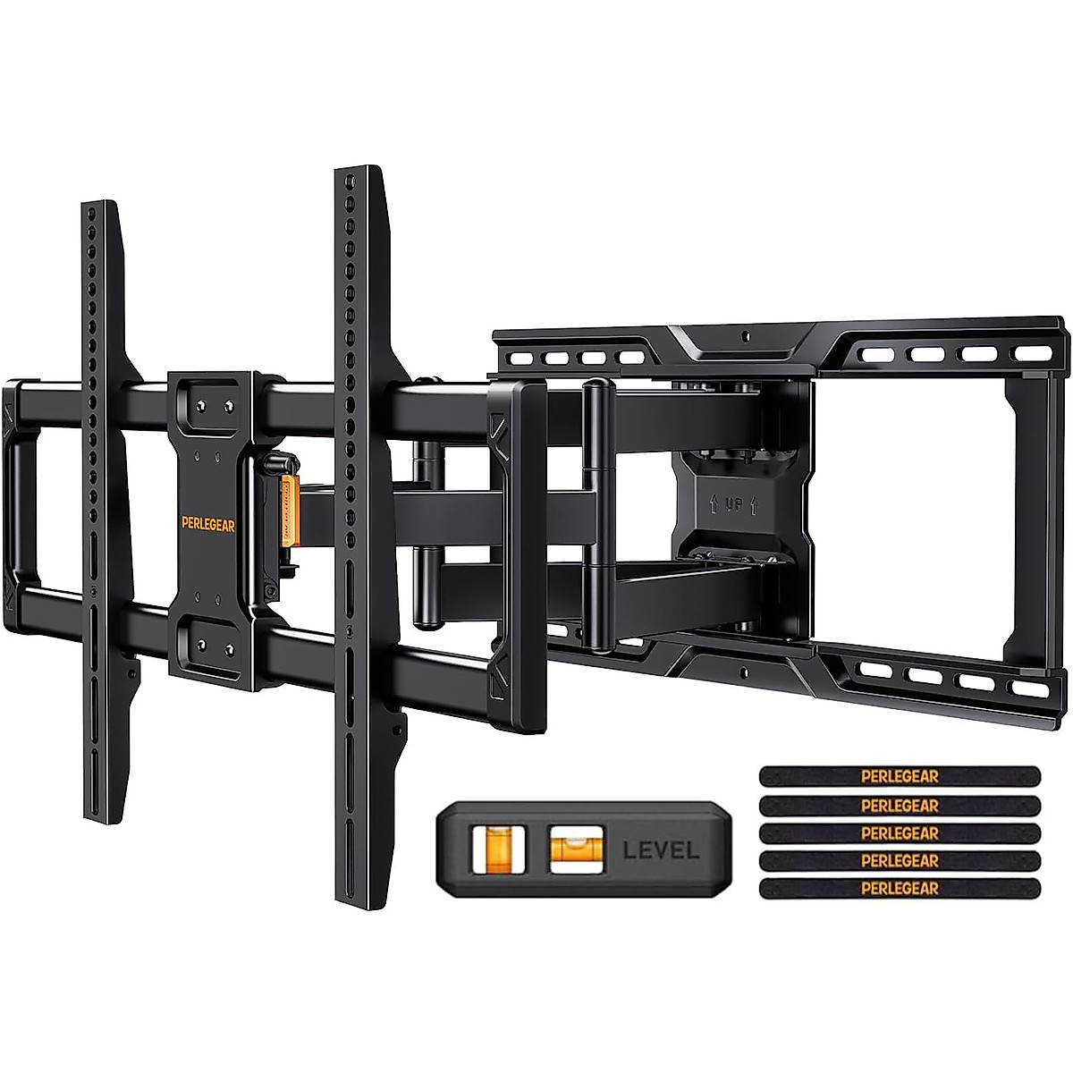 Perlegear UL-Listed Full Motion TV Wall Mount for 42–90 Inch TVs up to 150 lbs, Pre-Assembled TV Mount with Tool-Free Tilt, Swivel, Extension, Max VESA 600 x 400mm, 12″/16″/18″/24″ Wood Studs, PGLF16