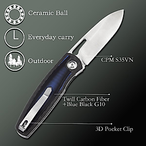 KANSEPT Mato Pocket Folding Knives for Men EDC Camping Folding Knife 3.3'' Satin CPM-S35VN Material Pocket Folding Knife with Twill Carbon Fiber +Blue Black G10 Handle Everyday Carry K1050A4