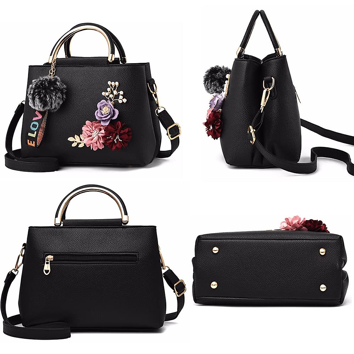 Dayfine Women Purse Top Handle Handbags PU Leather 3D Floral Inlay Satchel Bag Shoulder Crossbody Bags Ladise Medium Tote Bag with Hair Ball Pendant-Pink