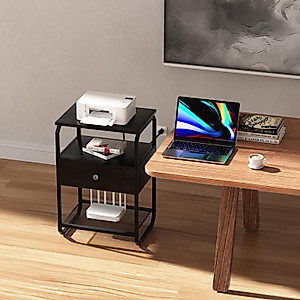 runjuly Black End Table with Charging Station, 3 Tier Night Stand with Wooden Drawer and Storage Shelf, Bedside Table with USB Ports Outlets, Narrow Side Table for Living Room, Bedroom