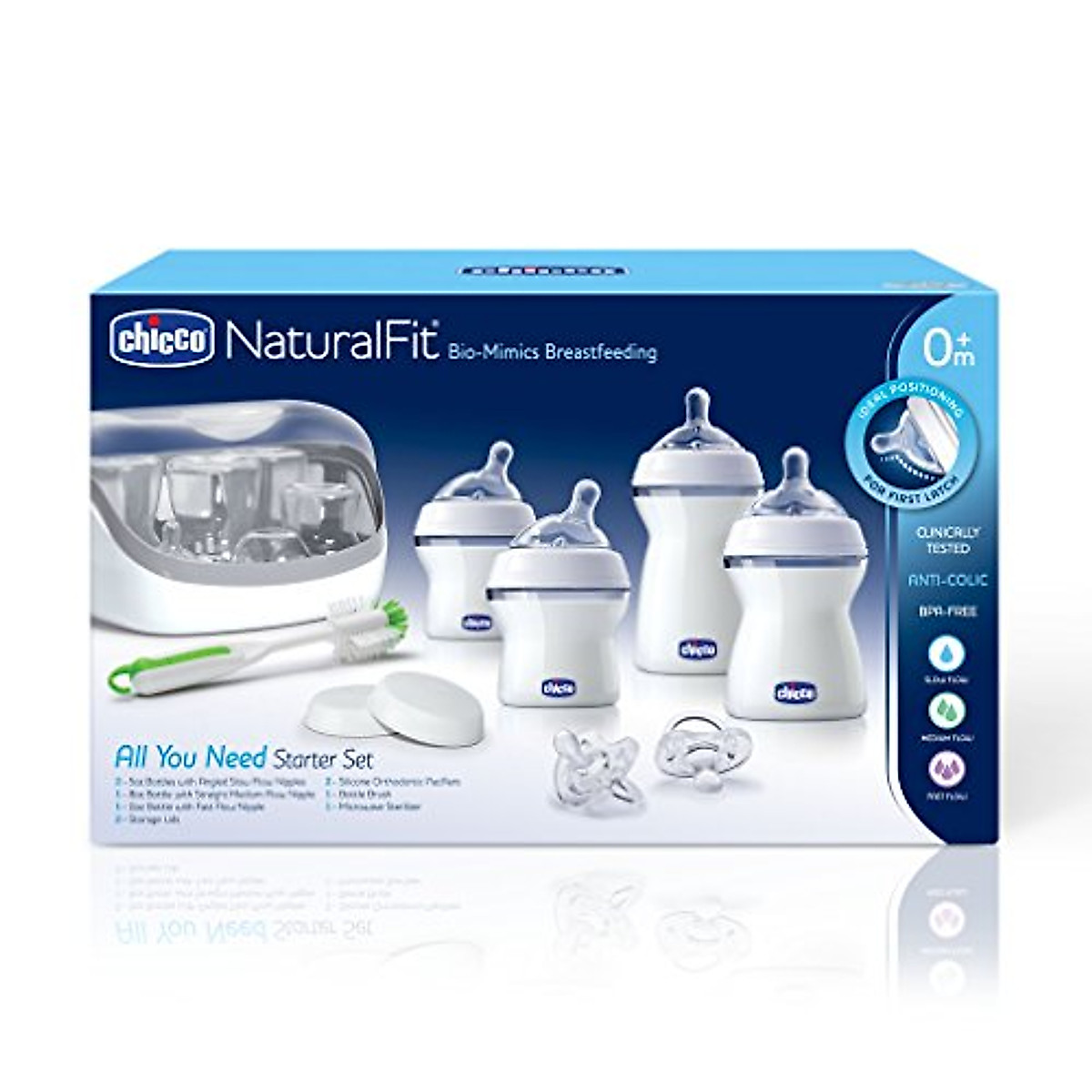 Chicco NaturalFit Baby Bottles All You Need Starter Set with Bottle Sterilizer, Bottle Brush, Orthodontic Pacifiers and Storage Lids