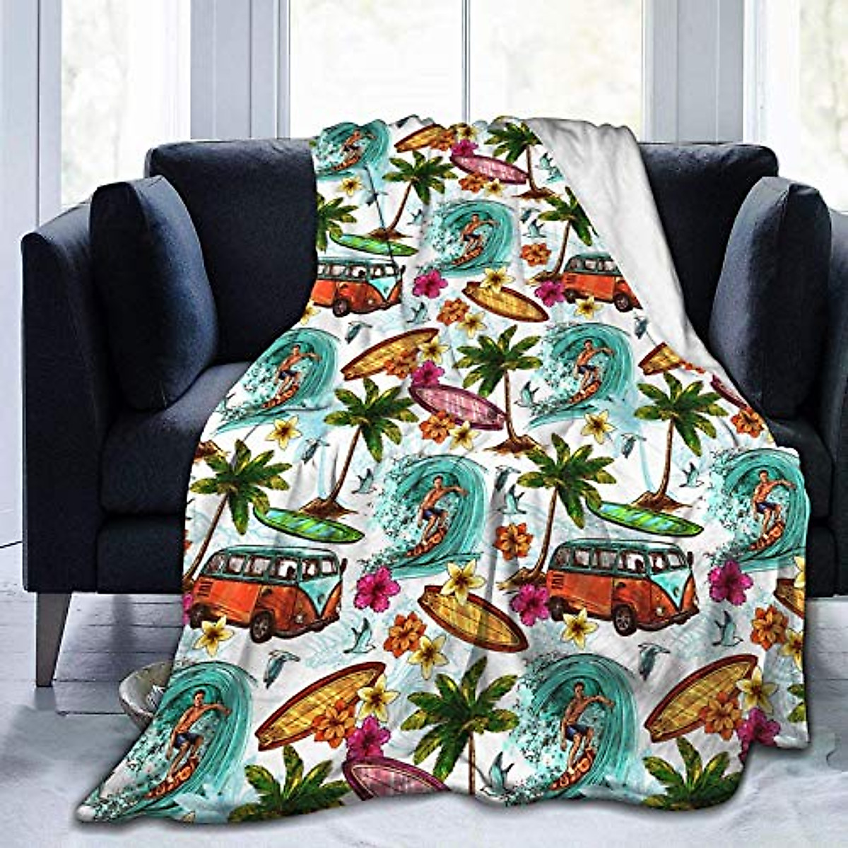 Hawaiian Surfer Retro Palm Trees Flowers Surf Boards Print Flannel Fleece Throw Blanket - Funny Crazy Lightweight Microfiber Decor Blanket Soft Cozy Warm Perfect for Bed Sofa