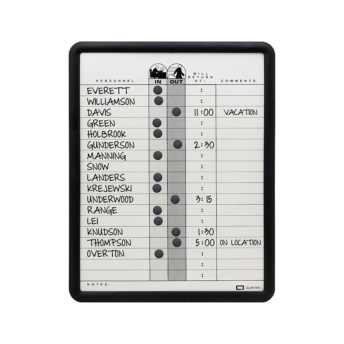 Quartet In/Out Board, 11" x 14", DuraMax Porcelain, In and Out Board, Classic Gray, Black Frame (750), Gray/White, 11 x 14 Inches (Tracks 18 Names)