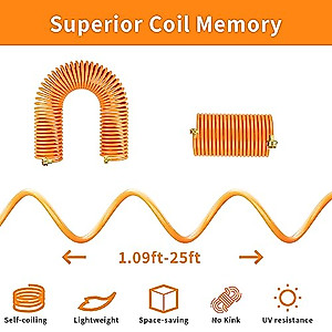 Besiter Coil Hose 25ft,EVA Recoil Garden Hose Brass Connector,Coiled Water Hose Lightweight and No Kink Includes 10 Patterns Spray Nozzle for Outdoors Lawn Watering,Car Washing Orange