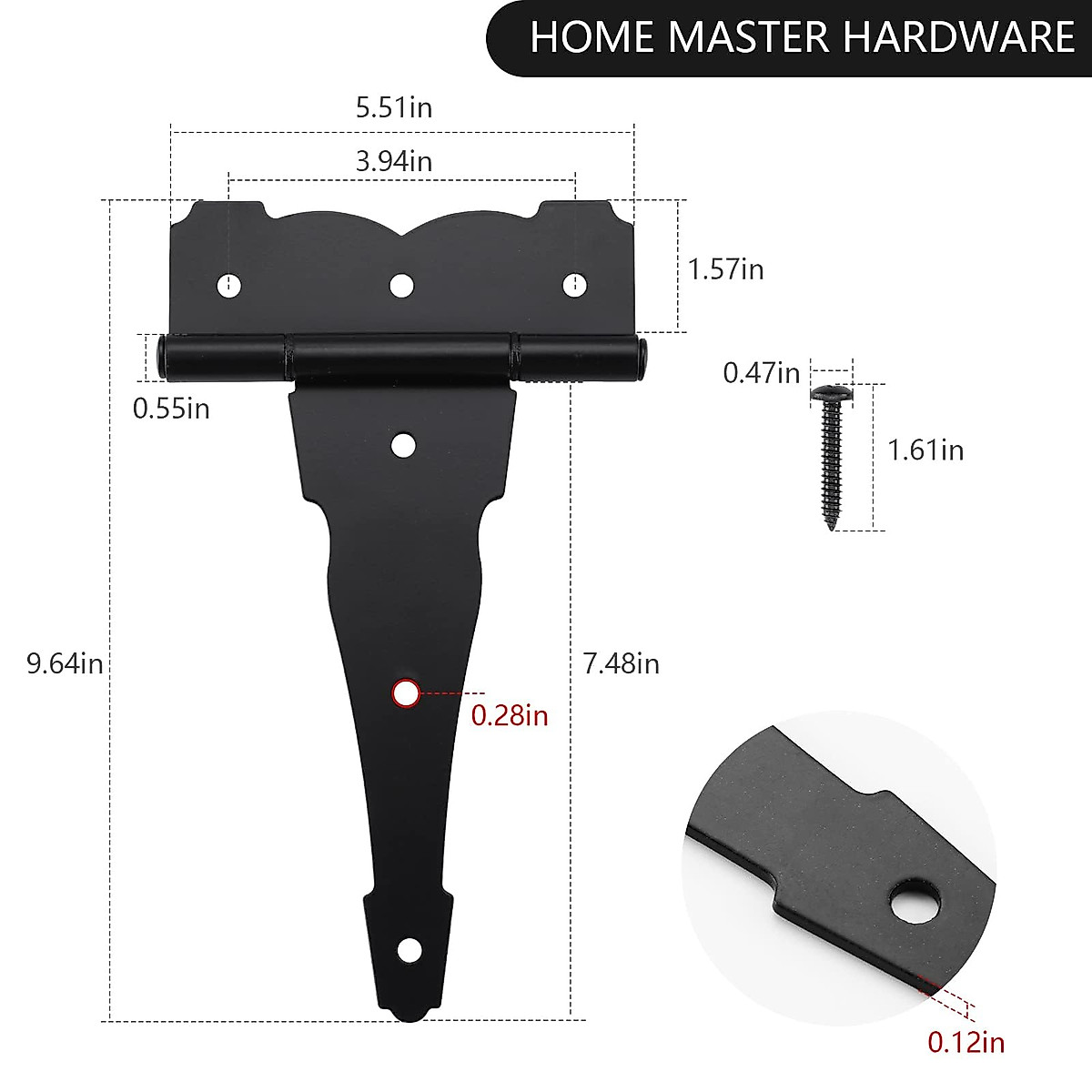 HOME MASTER HARDWARE 8 in Heavy Duty Decorative T Strap Hinge Rustproof Iron Black Gate Hinge,Tee Hinges for Storage Sheds, Gates Barns with Screws (4 Pack)