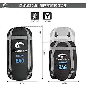 Warm Weather Sleeping Bag, FYMANNY Portable Waterproof Compact Lightweight Comfort with Compression Sack for Camping Backpacking Hiking, 83 L x 30" W Fits Adults(Black)