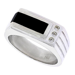 Sterling Silver Gents' Ring w/a Rectangular Black Onyx & 3 Tiny Cubic Zirconia Stones, 3/8" (9mm) wide, size 8