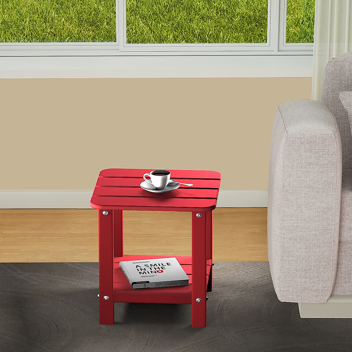 Aoorun Outdoor Adirondack Side Table, adirondack table plastic, 2-Tier (13.9" D x 13.5" W x 17.3" H) - Red