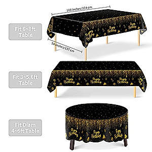 Aneco 2 Pack Black Gold Happy Birthday Tablecloths Party Table Cloth Covers Table Covers for Party Decorations Wedding Supplies, 108 x 54 Inches