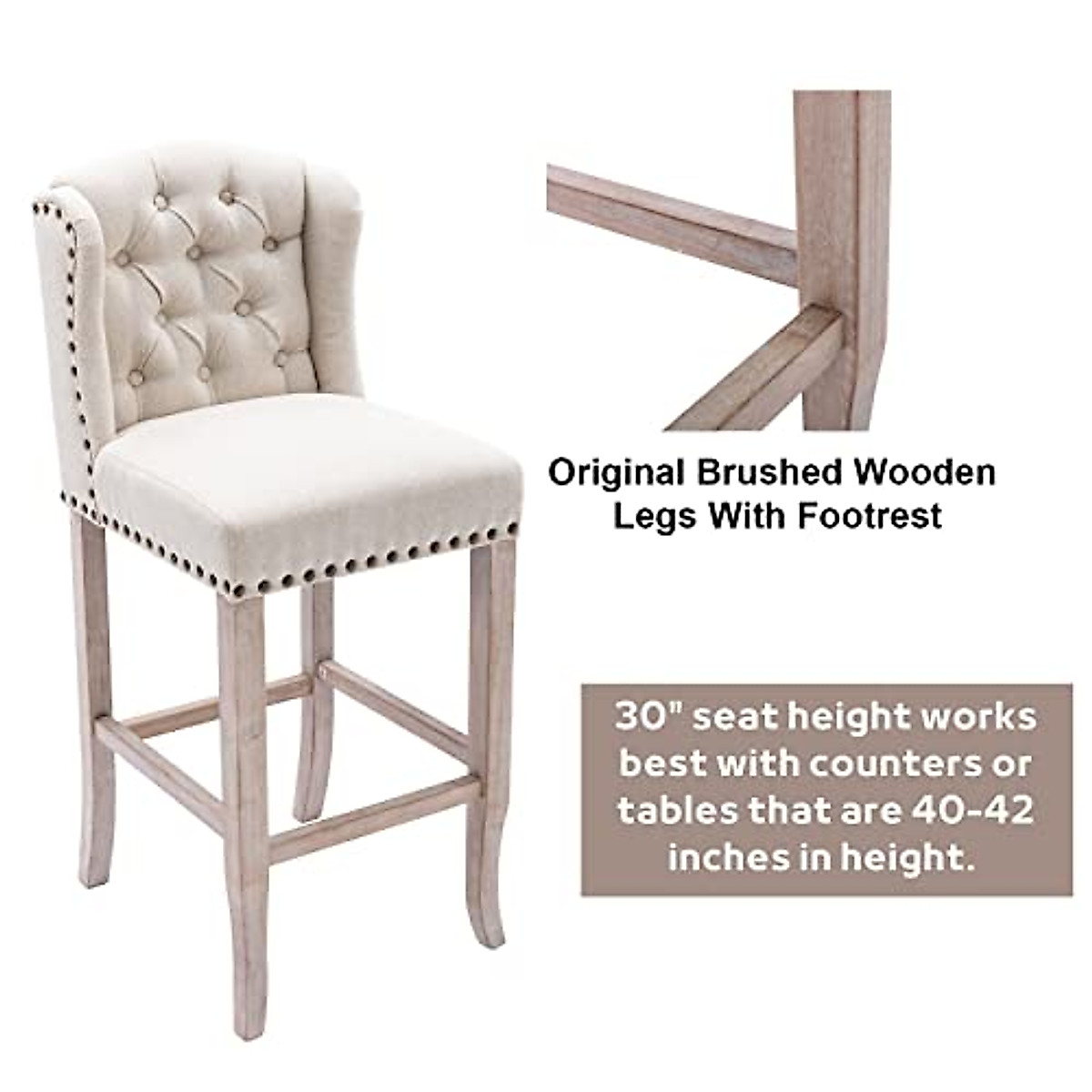 DUOMAY Classic Tufted 30 Inch Bar Stools Set of 2, Linen Upholstered Counter Chairs with Back, Armless Barstools Breakfast Stools W/Solid Wood Legs for Kitchen Island Lounge Pub Bar, Beige