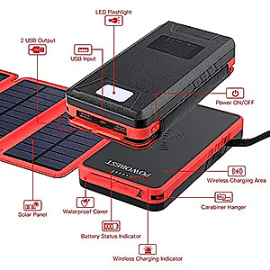 POWOBEST Solar Phone Charger,Solar Charger Power Bank,Outdoor Solar Cellphone Power Bank,High-Speed Charging，Portable Power Bank，20000mAh Wireless Portable Solar Power Bank,Solar Panel Charging(Red)