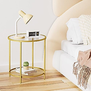 CADANI End Table, Glass Side Table with Open Storage, 2-Tier Gold Accent Table with Sturdy Metal Frame, Modern Round Coffee Table for Living Room, Bedroom, Balcony, Patio