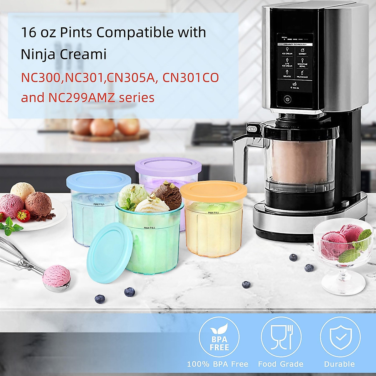 VanlonPro 16oz ice cream Containers Replacement for Ninja Creami Pints and Lids - 4 Pack, Compatible with NC301 NC300 NC299AMZ Series Ice Cream Makers, Airtight, Leak Proof & Dishwasher Safe