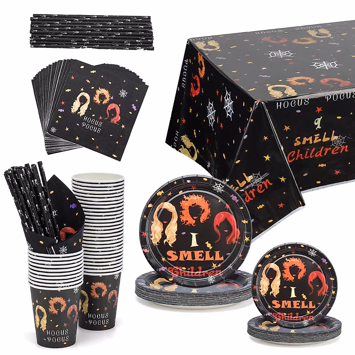 Halloween Hocus Pocus Party Decorations Supplies Tableware - Include Dinner Plates, Cups, Napkins, Tablecloth, Straws for Halloween Hocus Pocus Witch Birthday Baby Shower Party Supplies - Serve 24
